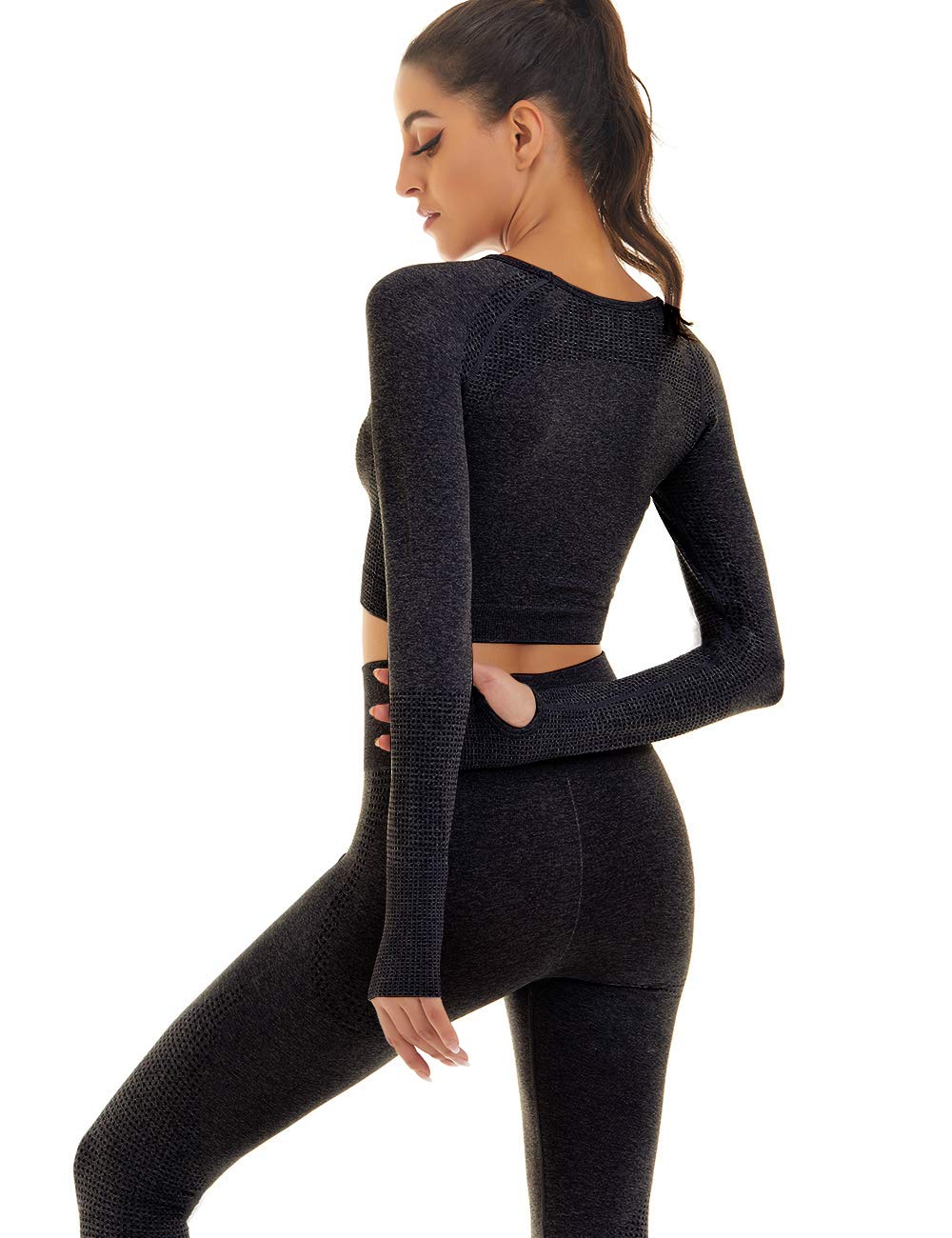 Toplook Women Seamless Workout Outfits Athletic Set Leggings + Long Sleeve Top 2 Pieces(Black, Medium)