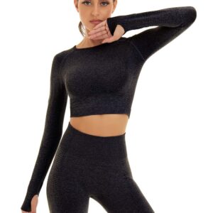 Toplook Women Seamless Workout Outfits Athletic Set Leggings + Long Sleeve Top 2 Pieces(Black, Medium)