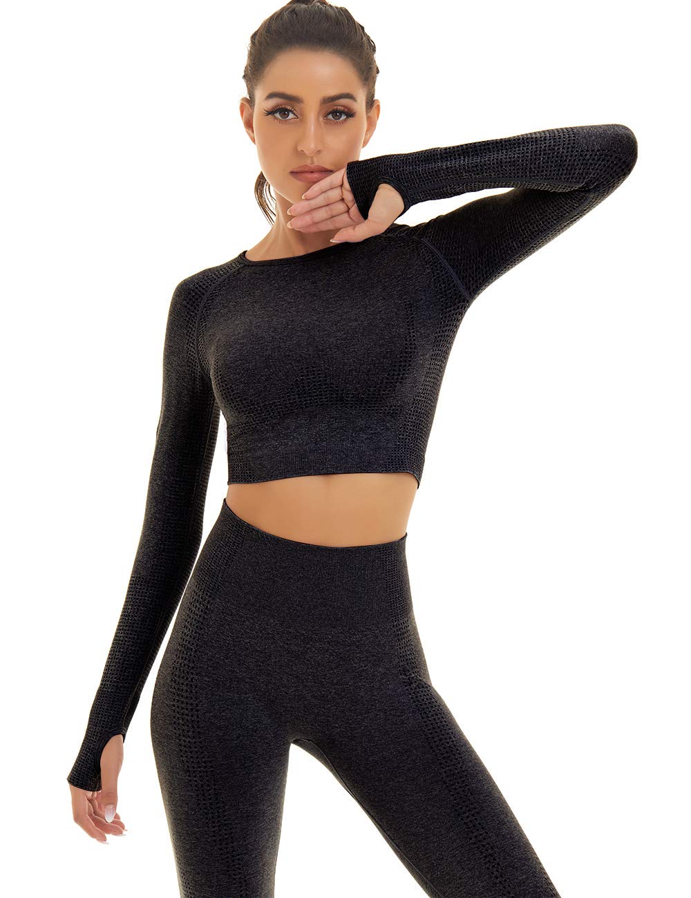 Toplook Women Seamless Workout Outfits Athletic Set Leggings + Long Sleeve Top 2 Pieces(Black, Medium)