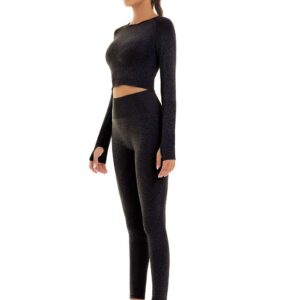 Toplook Women Seamless Workout Outfits Athletic Set Leggings + Long Sleeve Top 2 Pieces(Black, Medium)