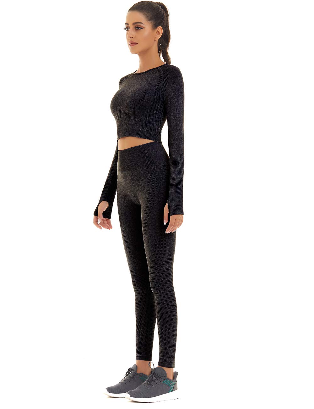 Toplook Women Seamless Workout Outfits Athletic Set Leggings + Long Sleeve Top 2 Pieces(Black, Medium)