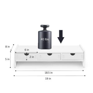 Monitor Stand Riser, Computer Laptop Riser Shelf with 3 Organizer Drawers (White, 19.5"L x 7.5"W x 4.7"H) (White)