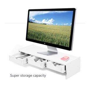 Monitor Stand Riser, Computer Laptop Riser Shelf with 3 Organizer Drawers (White, 19.5"L x 7.5"W x 4.7"H) (White)