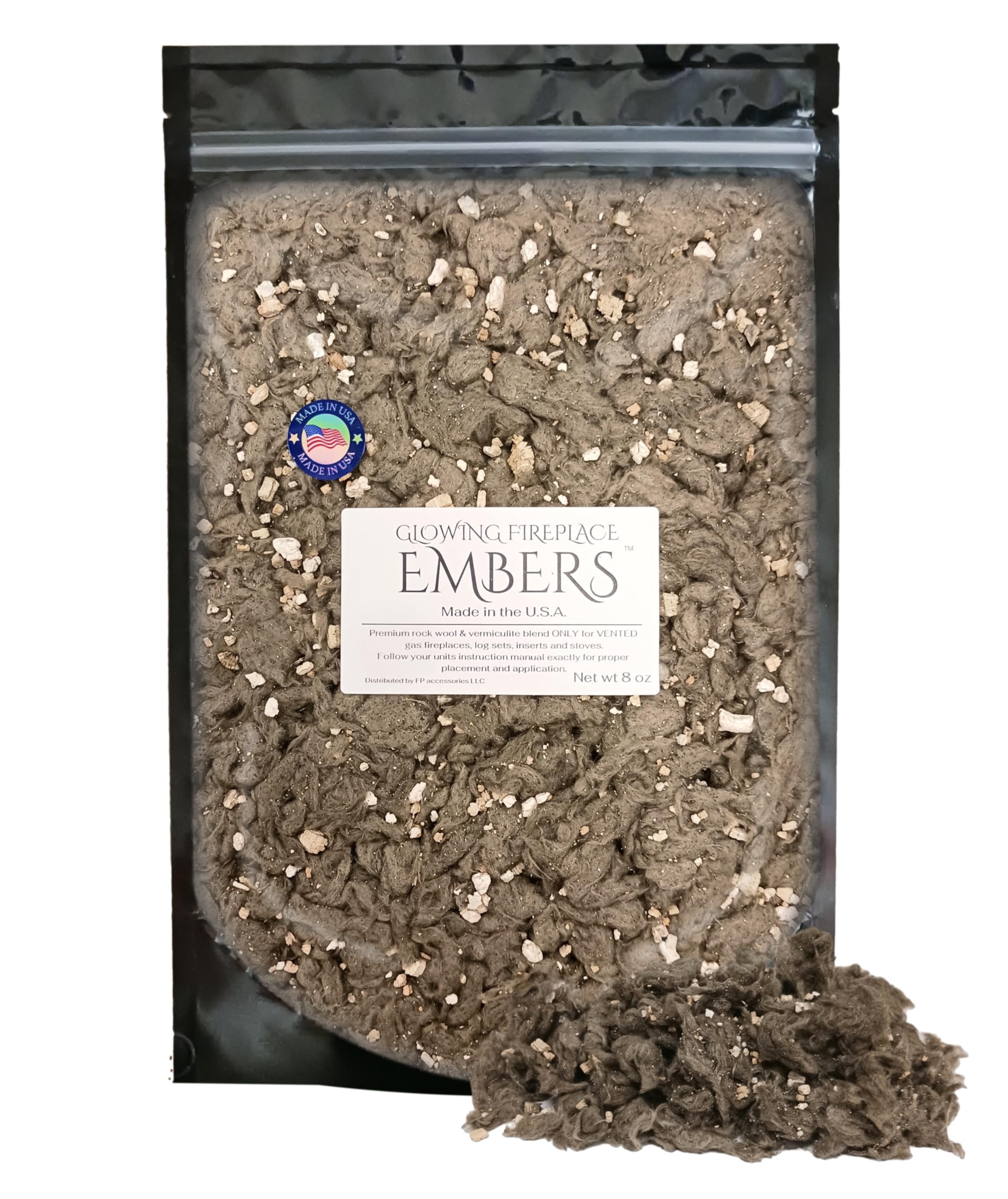 Gas Fireplace Glowing Embers, Rock Wool and Vermiculite Blend for Vented Gas Log Sets, Inserts and Fireplaces, Extra Large Bag 8 oz, Made in The U.S.A.