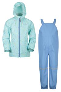 mountain warehouse kids raindrop waterproof rain jacket & pants set teal 3t-4t