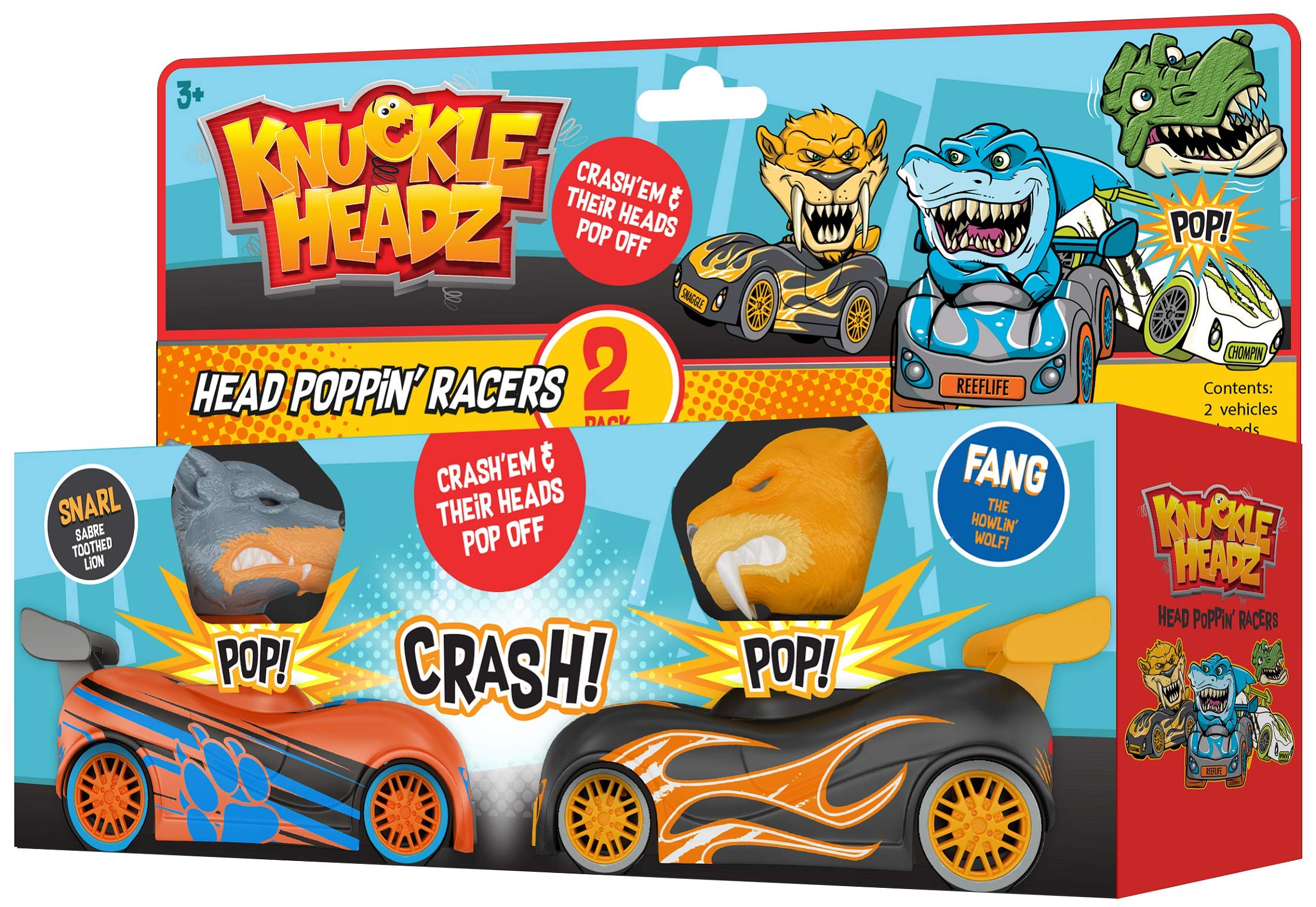 Knuckle Headz Duo Head Poppin' Quick Shot Pull Back Crash Derby Race Cars - Fang The Tiger and Snarl The Wolf