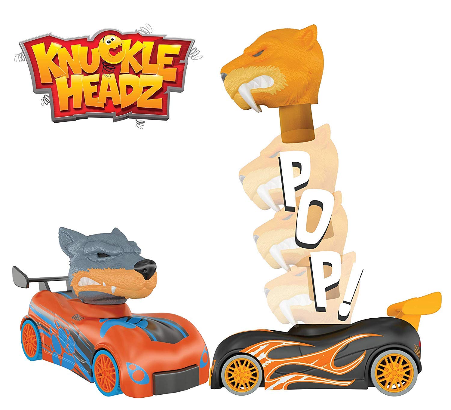 Knuckle Headz Duo Head Poppin' Quick Shot Pull Back Crash Derby Race Cars - Fang The Tiger and Snarl The Wolf