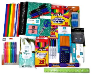 essential school supplies bundle 4th thru 7th grades with pencil sharpeners, erasers, glue sticks, wet wipes, folders, crayons, highlighters, ruler, scissors and notebooks (33 items)