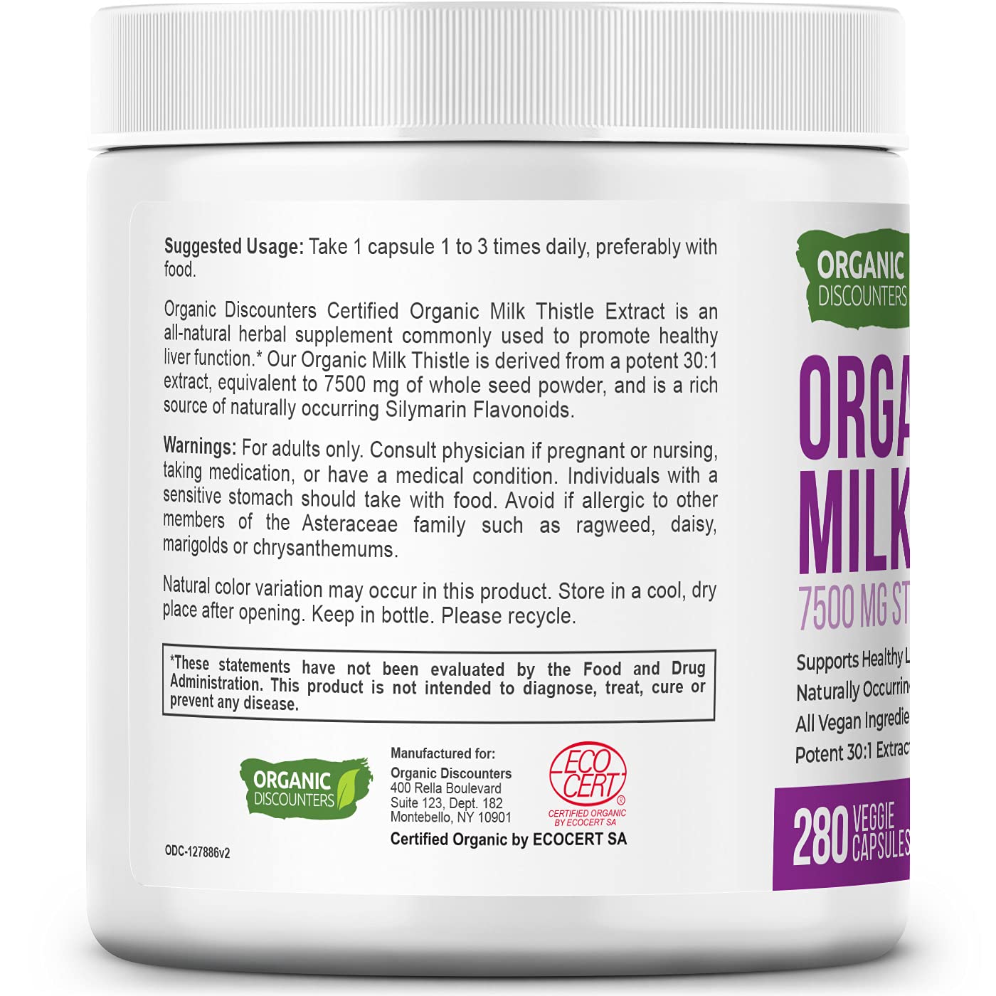 Organic Discounters Milk Thistle Capsules, 280 Count, 7500 mg Strength, Potent 30:1 Extract, USDA Certified Organic, Rich in Silymarin Flavonoids, Vegan, Non-GMO and All-Natural