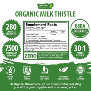 Organic Discounters Milk Thistle Capsules, 280 Count, 7500 mg Strength, Potent 30:1 Extract, USDA Certified Organic, Rich in Silymarin Flavonoids, Vegan, Non-GMO and All-Natural