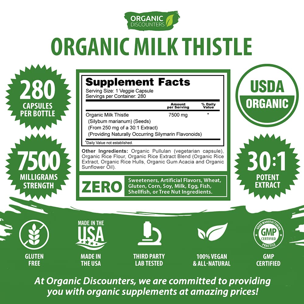 Organic Discounters Milk Thistle Capsules, 280 Count, 7500 mg Strength, Potent 30:1 Extract, USDA Certified Organic, Rich in Silymarin Flavonoids, Vegan, Non-GMO and All-Natural