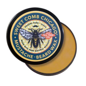 sweet comb chicago mustache & beard styling wax, medium hold for styling men's facial hair, great for handlebar, zappa, beards to a full, square or even short box style! now with tea tree oil!