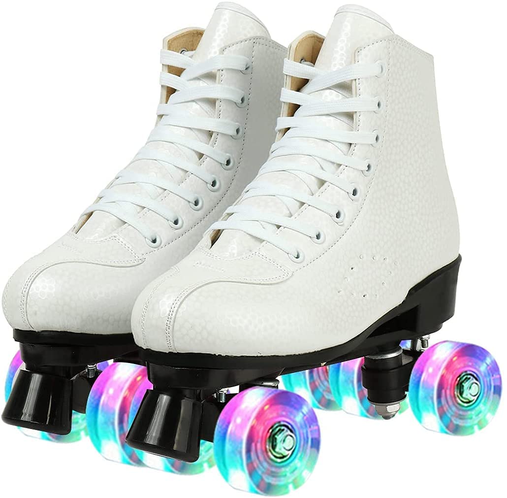 KYIS High-top Roller Skates for Women, Classic Four Wheels Roller Skates with PU Leather Solid Colored Snakeskin Pattern (White with Light,9)