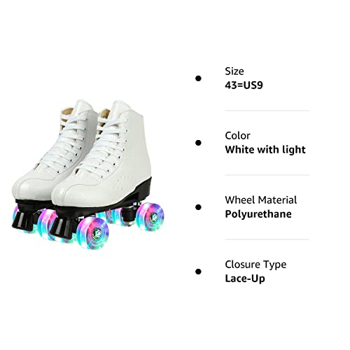 KYIS High-top Roller Skates for Women, Classic Four Wheels Roller Skates with PU Leather Solid Colored Snakeskin Pattern (White with Light,9)