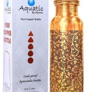 VIBRANIC Aquatic Copper Water Bottle 34oz - Leak Proof - Ayurvedic Copper Bottle for Sports, Fitness, Yoga - Natural Health Benefits - DARK EMBOSSED - Made in India