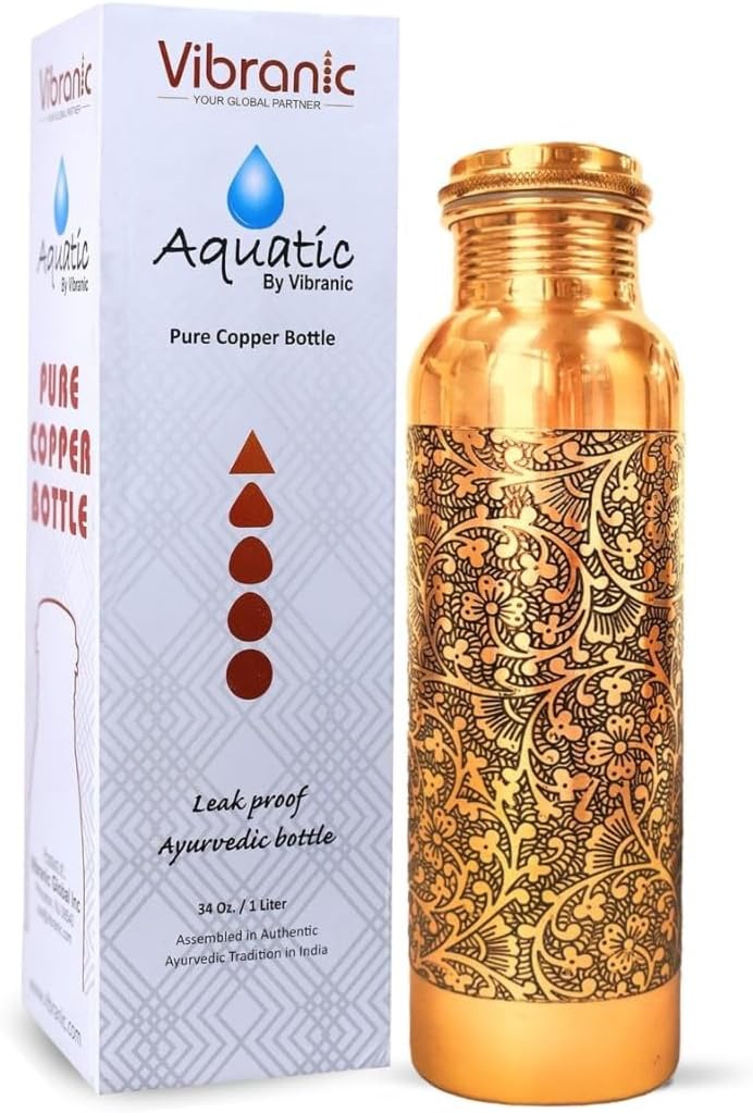 VIBRANIC Aquatic Copper Water Bottle 34oz - Leak Proof - Ayurvedic Copper Bottle for Sports, Fitness, Yoga - Natural Health Benefits - DARK EMBOSSED - Made in India