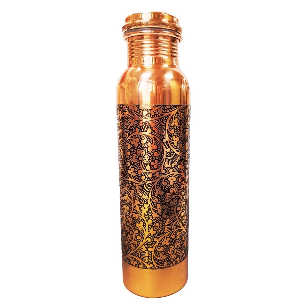 VIBRANIC Aquatic Copper Water Bottle 34oz - Leak Proof - Ayurvedic Copper Bottle for Sports, Fitness, Yoga - Natural Health Benefits - DARK EMBOSSED - Made in India