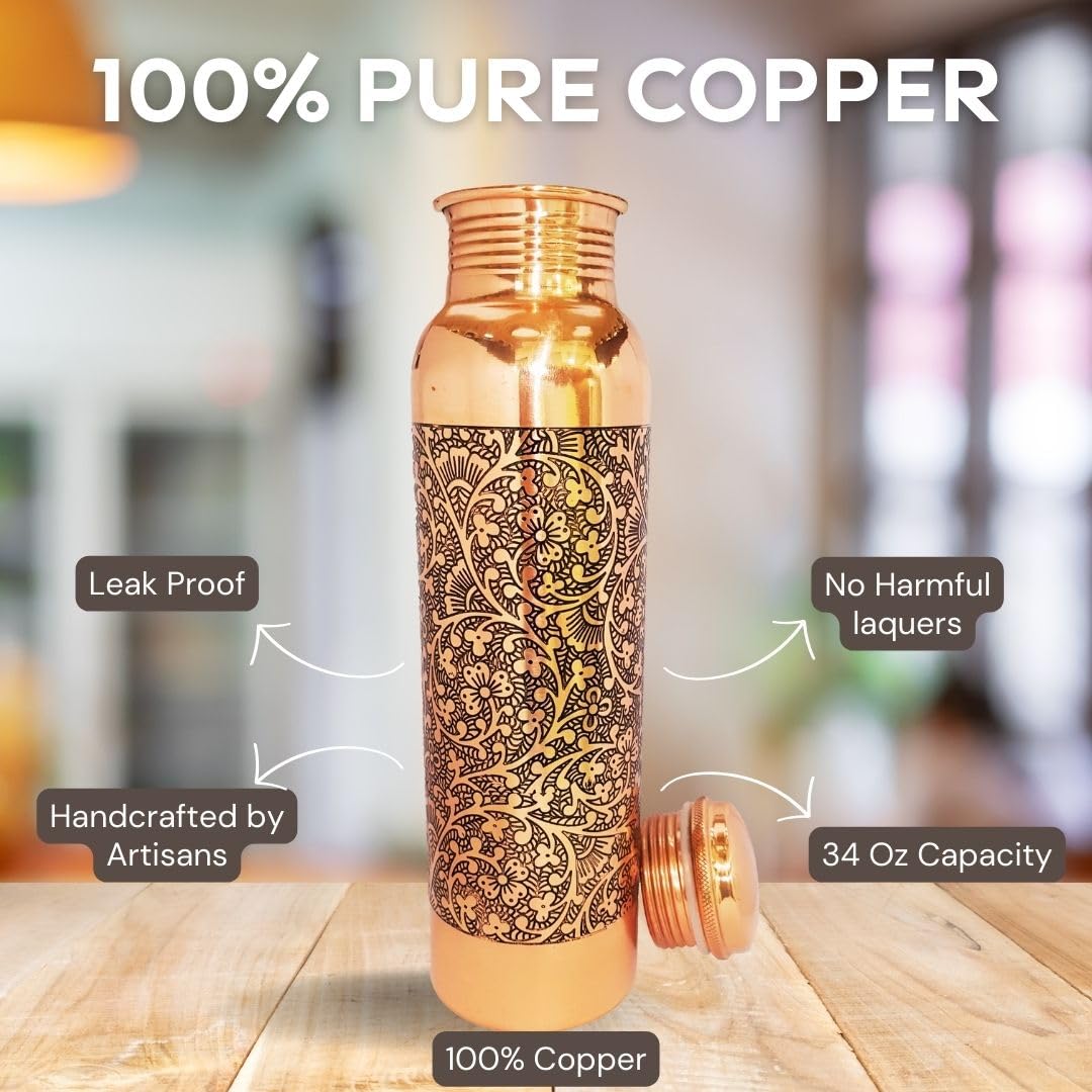 VIBRANIC Aquatic Copper Water Bottle 34oz - Leak Proof - Ayurvedic Copper Bottle for Sports, Fitness, Yoga - Natural Health Benefits - DARK EMBOSSED - Made in India