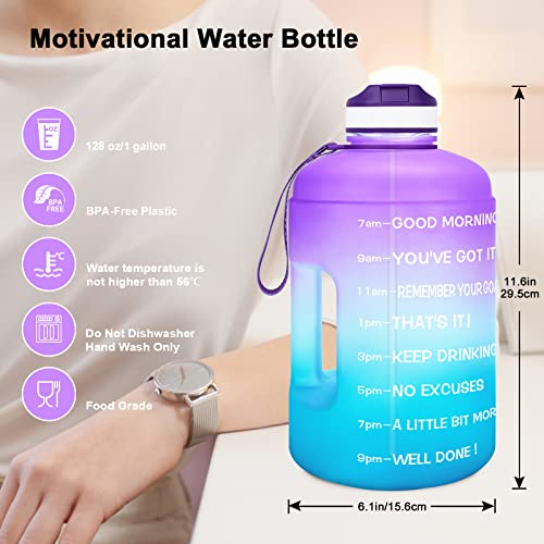 QuiFit Motivational Gallon Water Bottle - with Straw & Time Marker BPA Free Large Reusable Sport Water Jug with Handle for Fitness Outdoor Enthusiasts Leak-Proof (Purple/Blue,1 gallon)