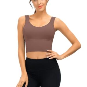 SIGNEALA Sports Bra for Women Longline - Wide Strap Workout Crop Top - V Neck Wirefree Bras for Yoga Gym Mocha Brown