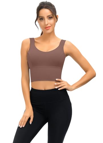 SIGNEALA Sports Bra for Women Longline - Wide Strap Workout Crop Top - V Neck Wirefree Bras for Yoga Gym Mocha Brown