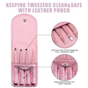 Tweezers Set 4-piece,Professional Stainless Steel Slant Tip and Pointed Craft Tweezers with Leather Case-Precision for Eyebrows,Ingrown Hair,Facial Hair,Blackhead and Lash Extension (Rose Gold)