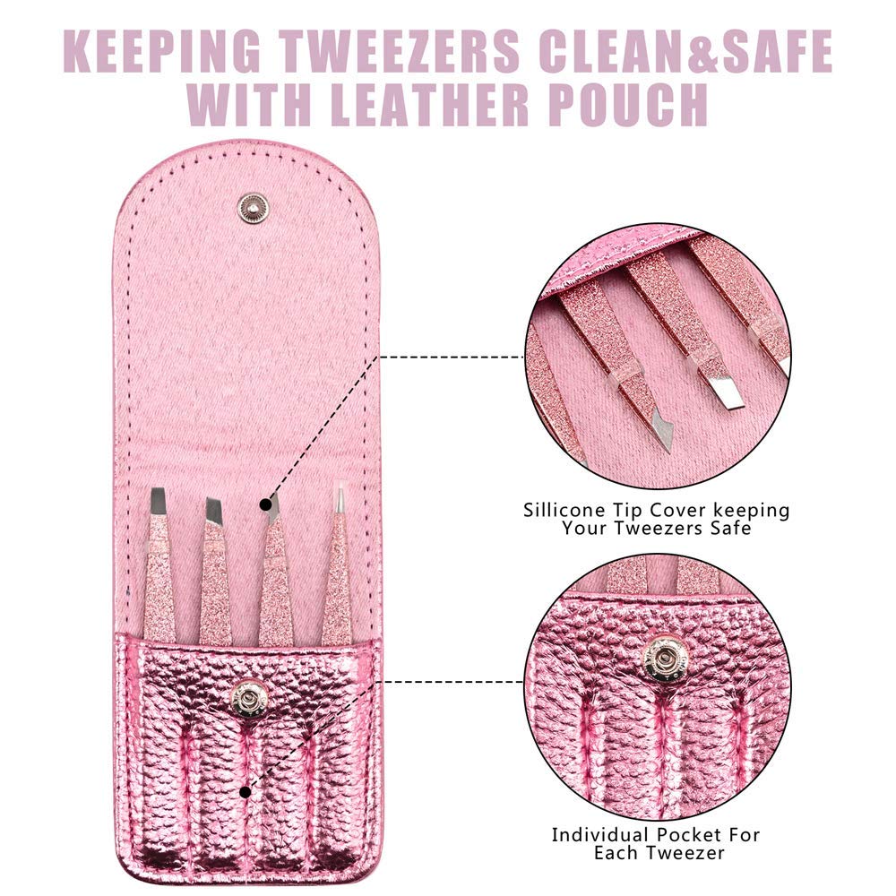 Tweezers Set 4-piece,Professional Stainless Steel Slant Tip and Pointed Craft Tweezers with Leather Case-Precision for Eyebrows,Ingrown Hair,Facial Hair,Blackhead and Lash Extension (Rose Gold)