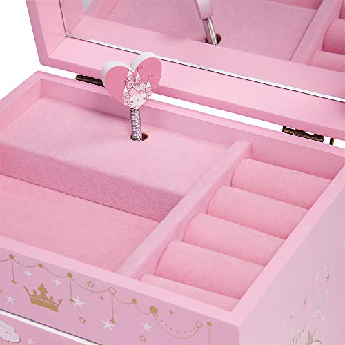 BEAUDORA Jewelry Music Box Wooden Pink Princess Dream Castle Storage Organizer Chest Girls Gift For Alice Melody