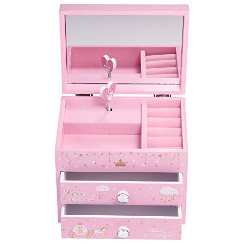 BEAUDORA Jewelry Music Box Wooden Pink Princess Dream Castle Storage Organizer Chest Girls Gift For Alice Melody