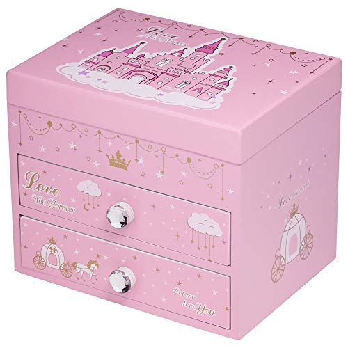 BEAUDORA Jewelry Music Box Wooden Pink Princess Dream Castle Storage Organizer Chest Girls Gift For Alice Melody