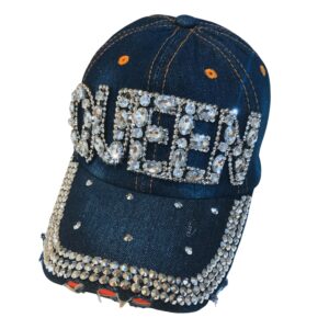 Popfizzy Bling Queen Hat for Women, Bling Bling Rhinestone Denim Hat, Distressed Baseball Cap, Bejeweled Bedazzled Ball Cap