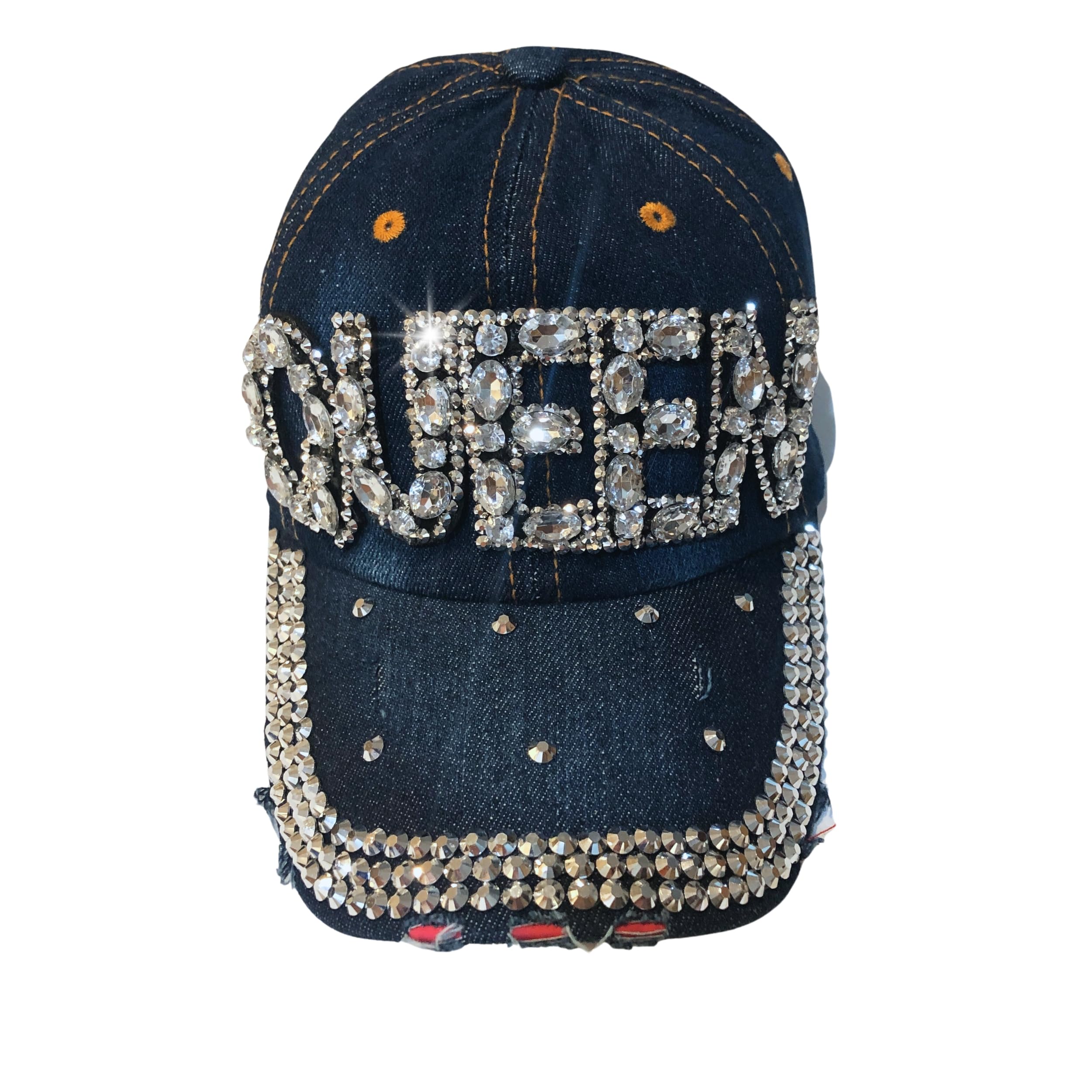 Popfizzy Bling Queen Hat for Women, Bling Bling Rhinestone Denim Hat, Distressed Baseball Cap, Bejeweled Bedazzled Ball Cap