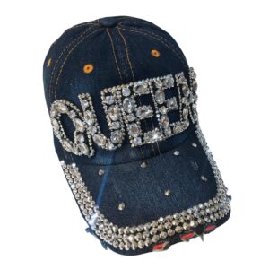 Popfizzy Bling Queen Hat for Women, Bling Bling Rhinestone Denim Hat, Distressed Baseball Cap, Bejeweled Bedazzled Ball Cap