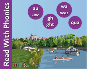 the river trip: learn the phonic sounds au, aw, gh, ght, wa, qua, war