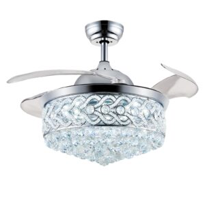 42 inch chandelier crystal ceiling fan with light remote dimmable fandelier ceiling fan with light color change 6 speed retractable blades ceiling fan light for bedroom indoor living room chrome