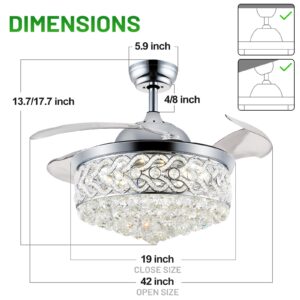 42 Inch Chandelier Crystal Ceiling Fan with Light Remote Dimmable Fandelier Ceiling Fan with Light Color Change 6 Speed Retractable Blades Ceiling Fan Light for Bedroom Indoor Living Room Chrome