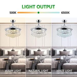 42 Inch Chandelier Crystal Ceiling Fan with Light Remote Dimmable Fandelier Ceiling Fan with Light Color Change 6 Speed Retractable Blades Ceiling Fan Light for Bedroom Indoor Living Room Chrome