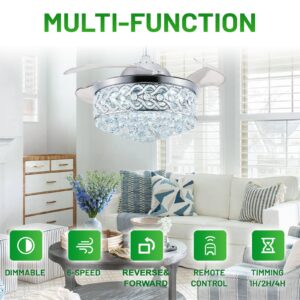 42 Inch Chandelier Crystal Ceiling Fan with Light Remote Dimmable Fandelier Ceiling Fan with Light Color Change 6 Speed Retractable Blades Ceiling Fan Light for Bedroom Indoor Living Room Chrome