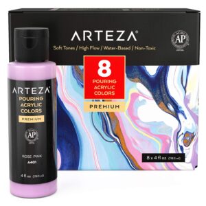 arteza acrylic pouring paint set, 8 pastel colors, 4 oz bottles, high-flow paint, no mixing needed, art supplies for canvas, glass, paper, wood, tile, and stones