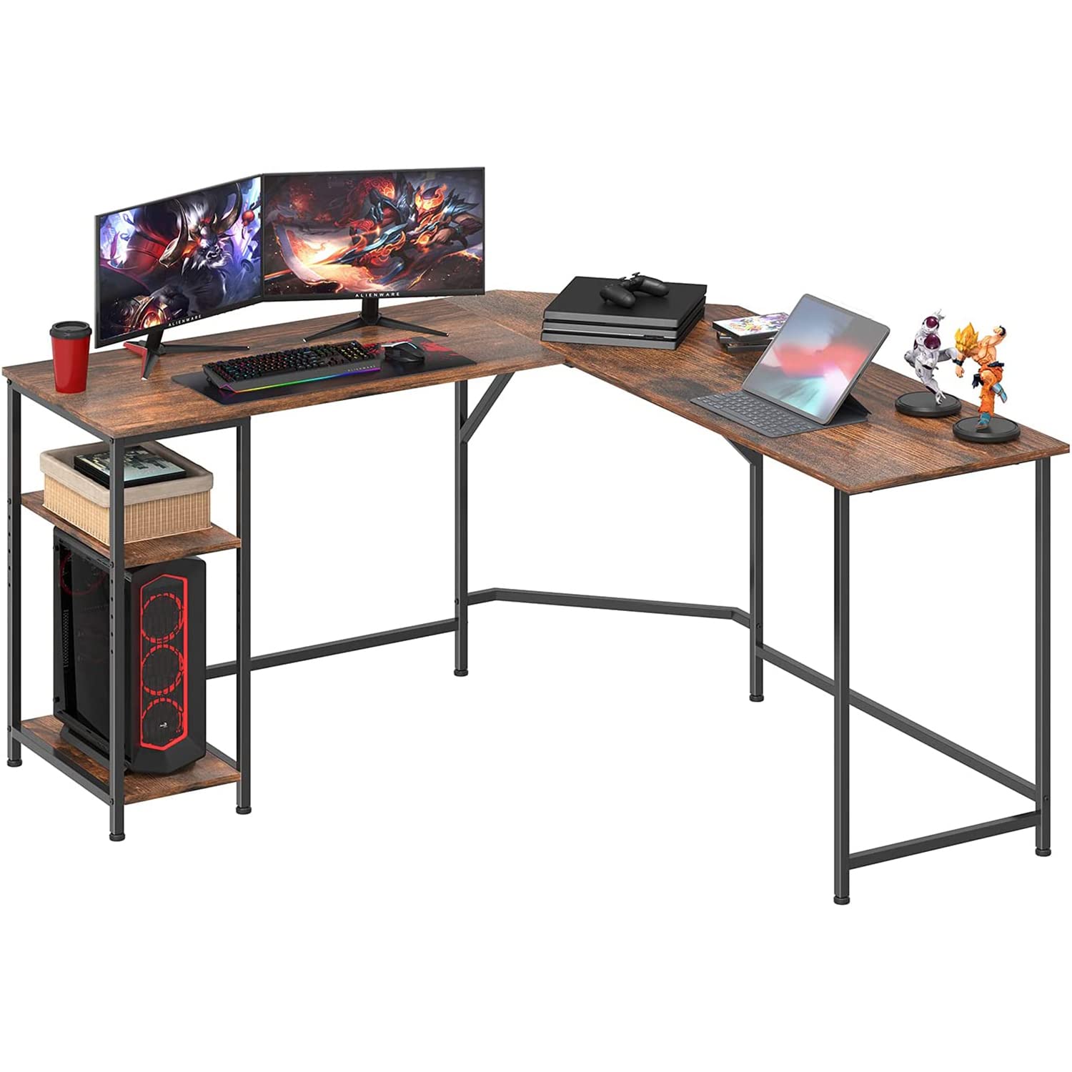 Reyade L-Shaped Desk, 57'' Coner Desk, Large Computer Desk, Gaming Desk, Home Office Writing Desk with Storage Shelves, Reversible PC Workstation Laptop Table, Rustic Oak