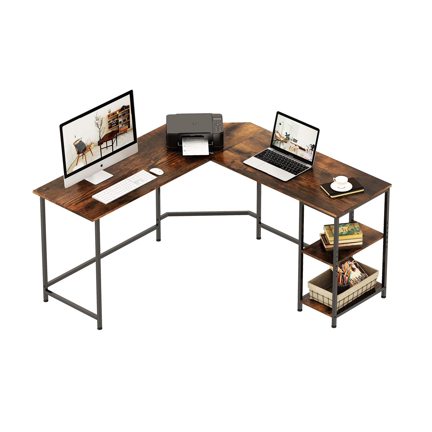 Reyade L-Shaped Desk, 57'' Coner Desk, Large Computer Desk, Gaming Desk, Home Office Writing Desk with Storage Shelves, Reversible PC Workstation Laptop Table, Rustic Oak