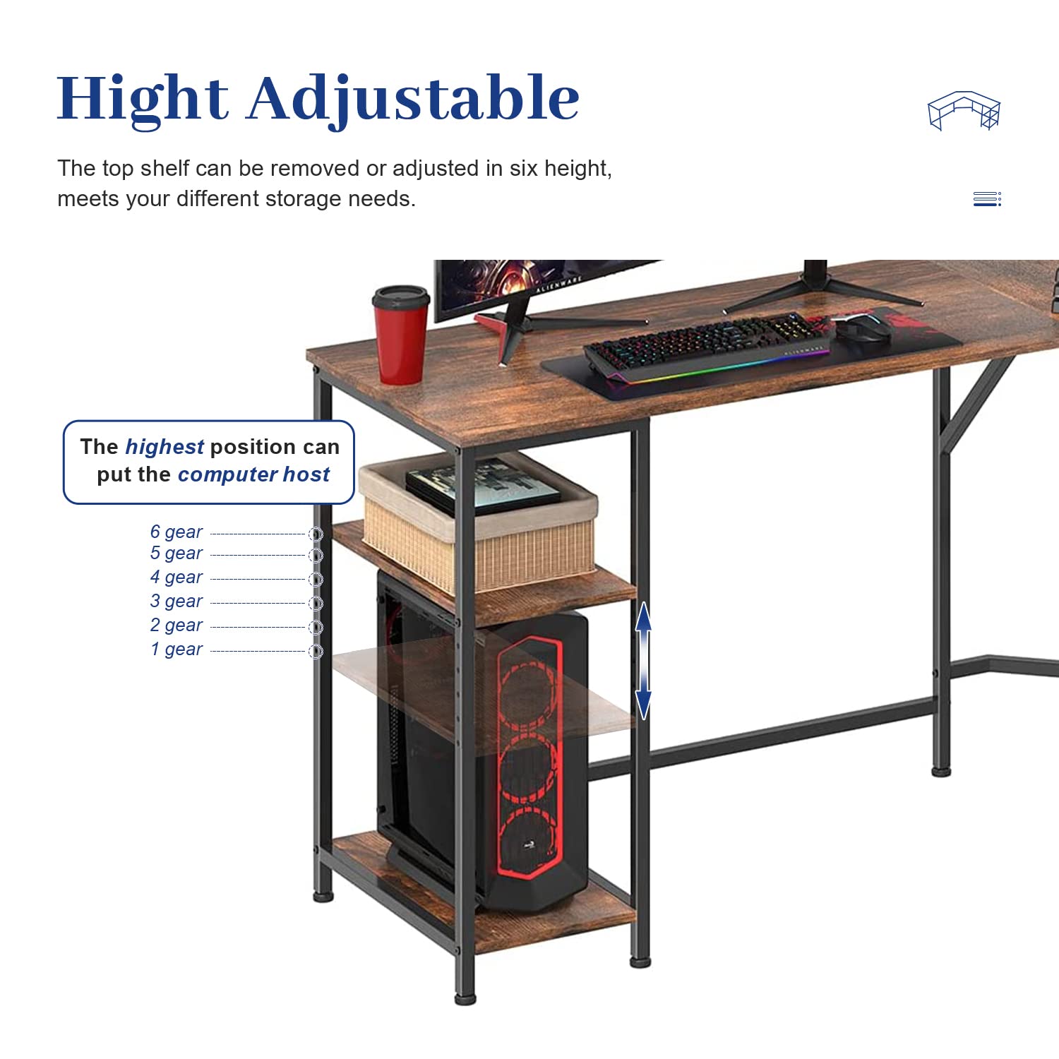 Reyade L-Shaped Desk, 57'' Coner Desk, Large Computer Desk, Gaming Desk, Home Office Writing Desk with Storage Shelves, Reversible PC Workstation Laptop Table, Rustic Oak