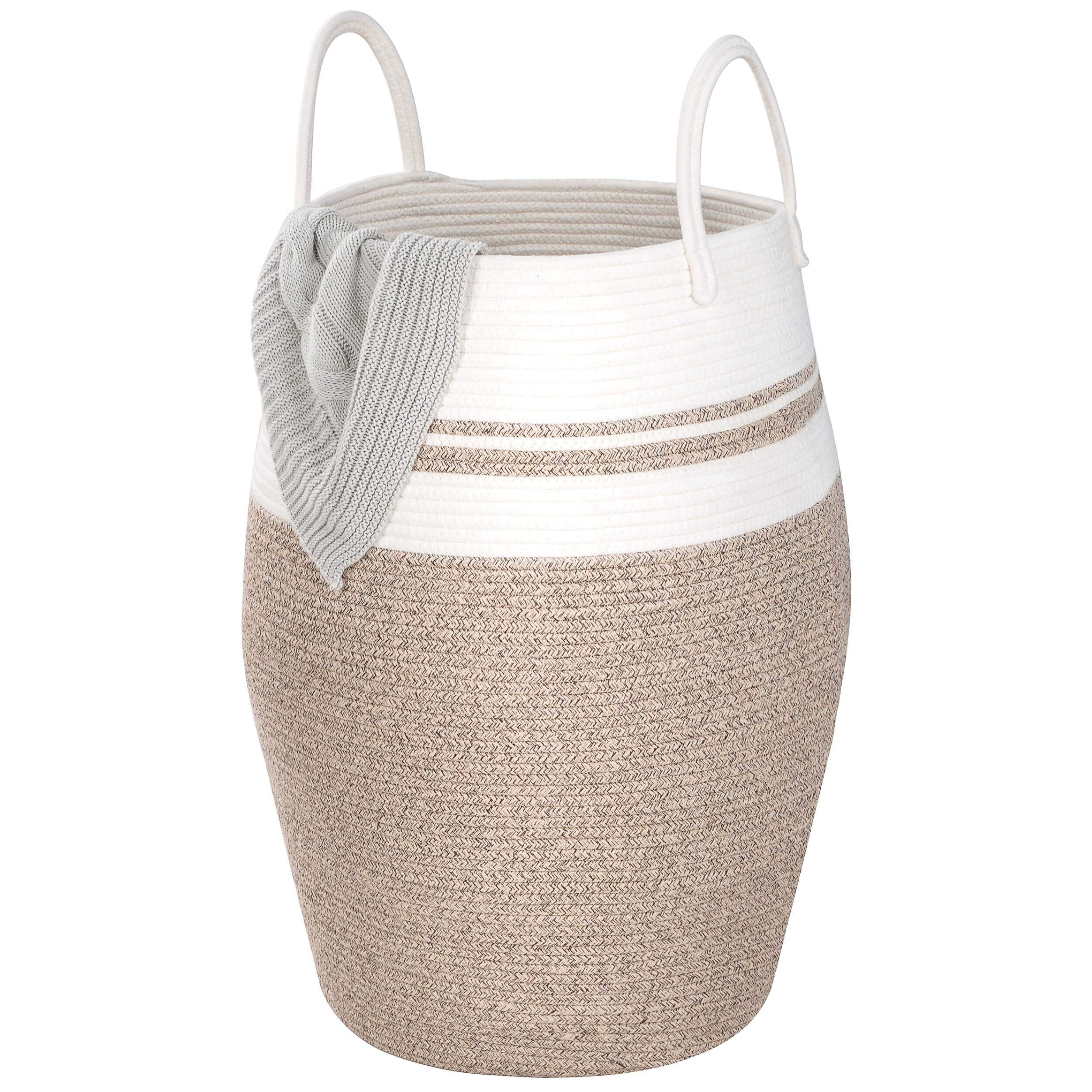 MINTWOOD Design Extra Large 25.6 Inches High Decorative Woven Cotton Rope Basket, Tall Laundry Hamper with Handles, Blanket Basket Living Room, Storage Baskets for Toys, Throws, Pillow, Towel, Brown