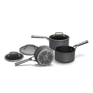 ninja zerostick premium cookware 3-piece saucepan set with glass lids, long lasting non stick 3 pan set, hard anodised aluminium, induction compatible, grey, c33000uk