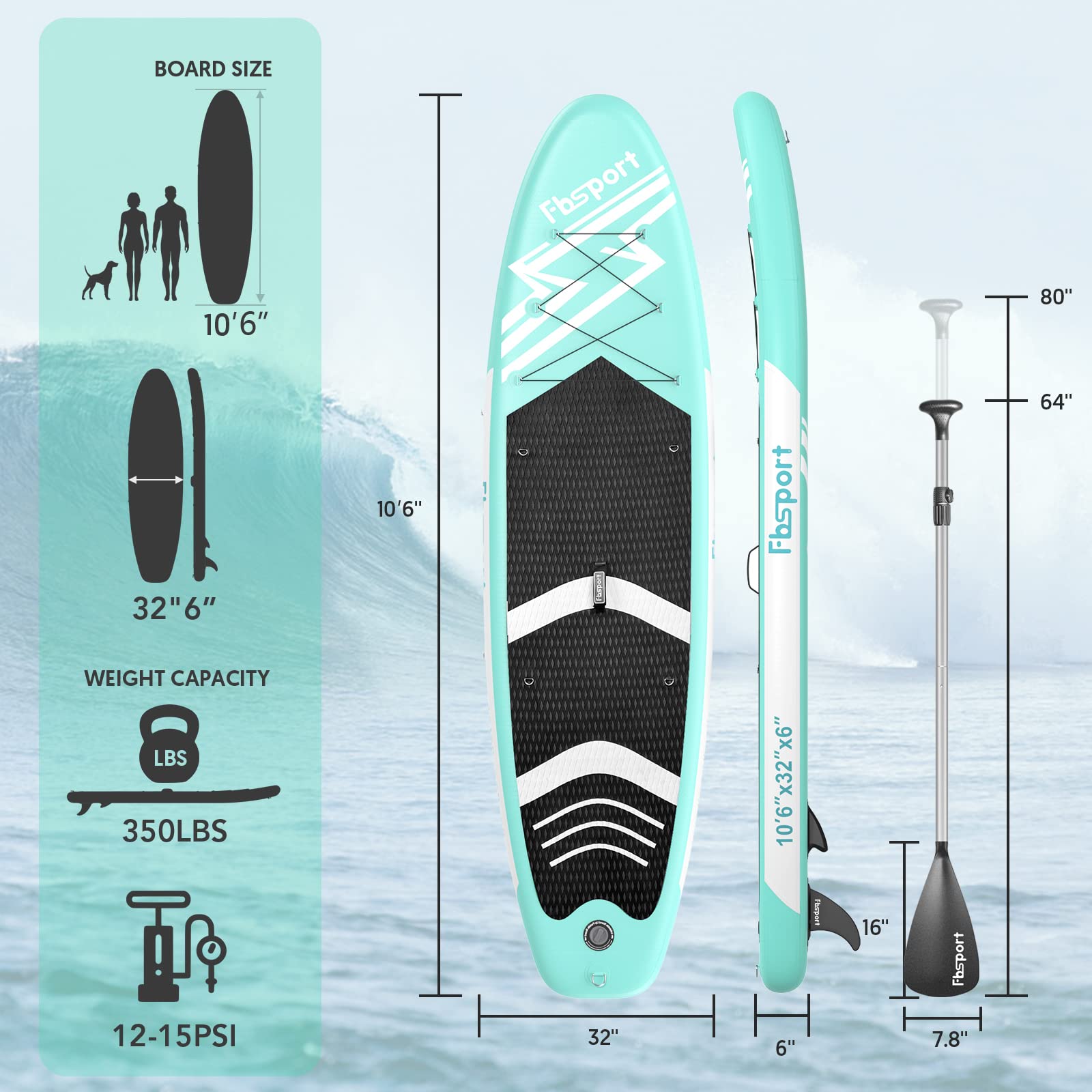 FBSPORT 10'6'' Premium Stand Up Paddle Board, Yoga Board with Durable SUP Accessories & Carry Bag | Wide Stance, Surf Control, Non-Slip Deck, Leash, Paddle and Pump for Youth & Adult Mint Green