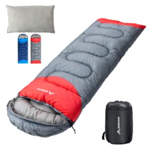 bisinna sleeping bag with pillow - 4 season backpacking sleeping bag lightweight waterproof warm and washable for adults, kids, women, men's outdoors camping, hiking, mountaineering