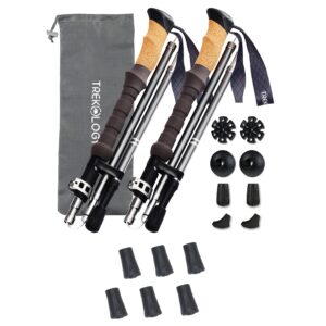 trekology 2 pc trekking hiking poles / 6 pc replacement rubber tips-collapsible trekking poles nordic hiking pole cork grip. lightweight aluminum 7075,adjustable quick flip-lock, folding walking stick