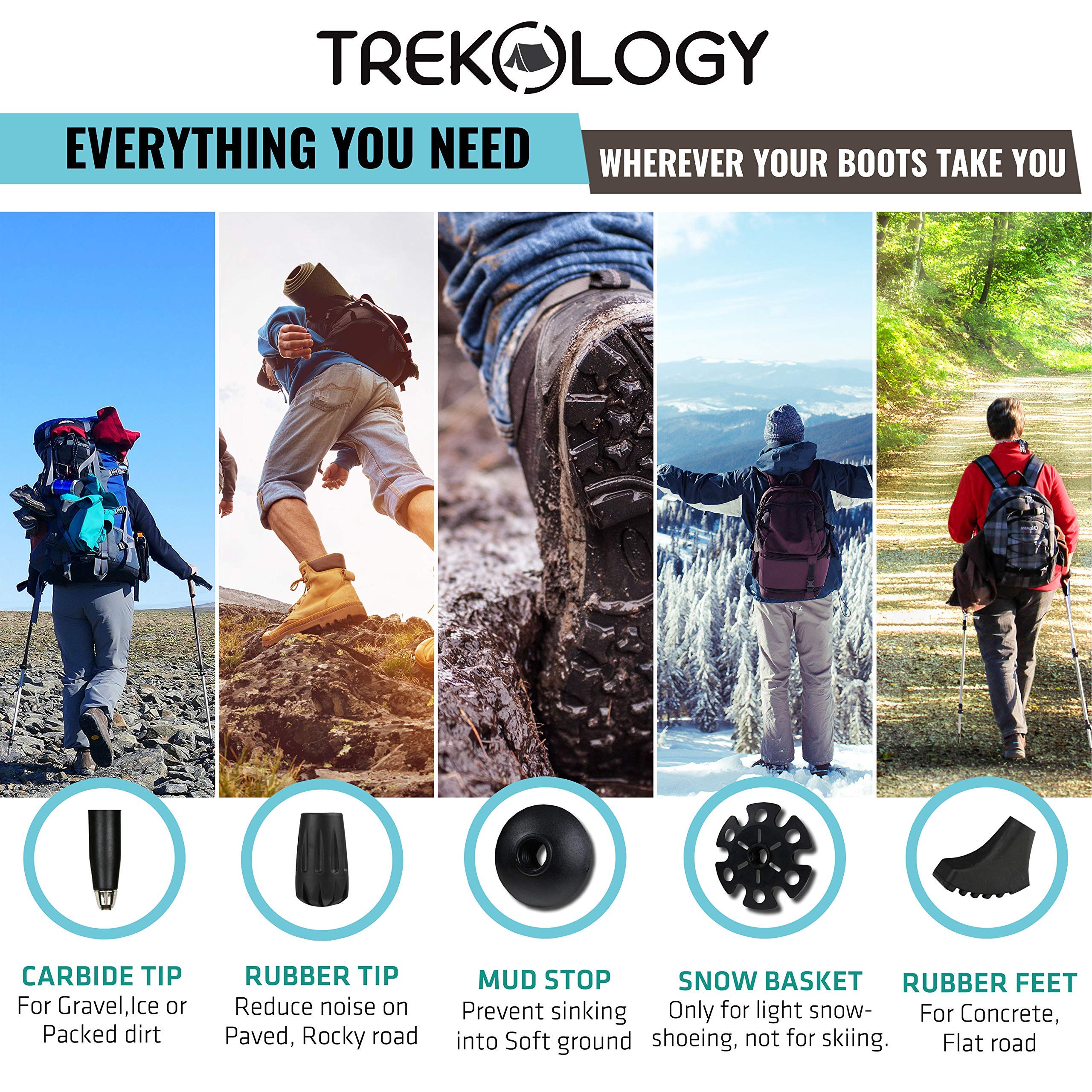 TREKOLOGY 2 pc Trekking Hiking Poles / 6 pc Replacement Rubber Tips-Collapsible Trekking Poles Nordic Hiking Pole Cork Grip. Lightweight Aluminum 7075,Adjustable Quick Flip-Lock, Folding Walking Stick