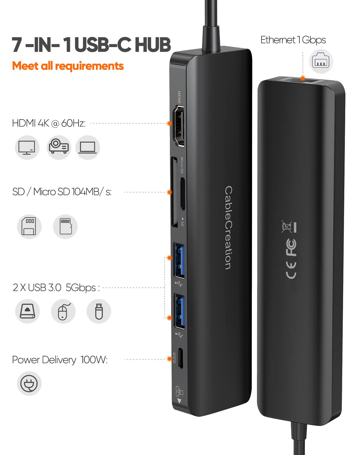 USB C Hub with Ethernet, CableCreation 7 in 1 4k@60Hz HDMI USB C Multiport Adapter with 100W PD, 2 USB 3.0 Ports, SD/TF Cards Reader Compatible for MacBook Pro/Air M1 M2, iPad Pro/Air, Dell XPS, HP