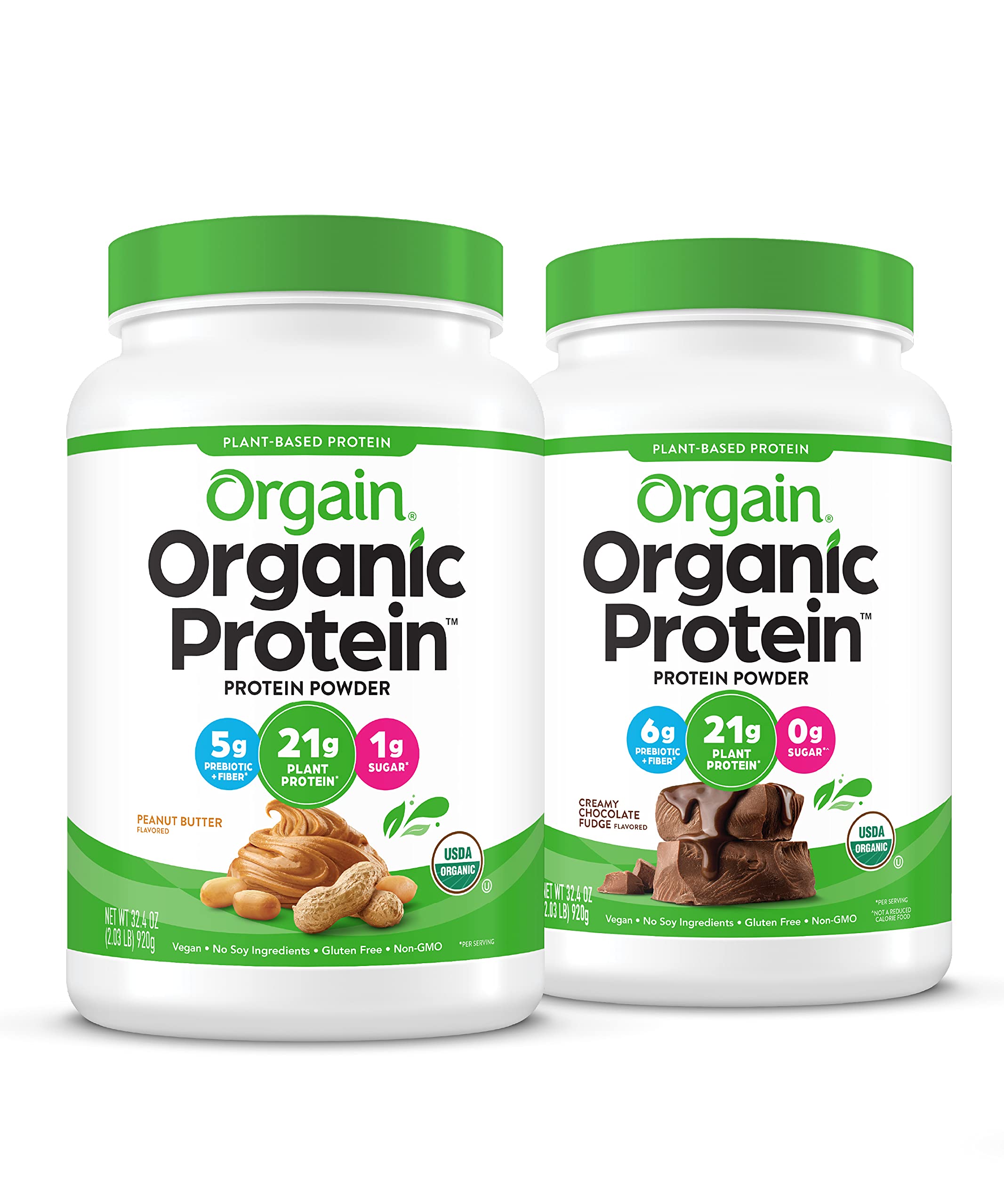 Orgain Organic Vegan Protein Powder (Peanut Butter, Creamy Chocolate Fudge) - 21g Plant Based Protein | Gluten Free | Dairy Free | No Sugar Added